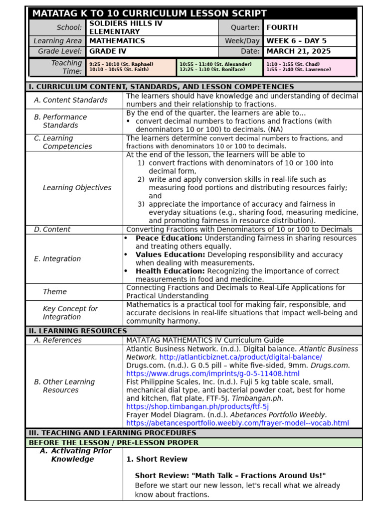 LE - MATH IV - Q4 - W6 - D5 - Converting Fractions With Denominators of 10 or 100 To Decimals ...