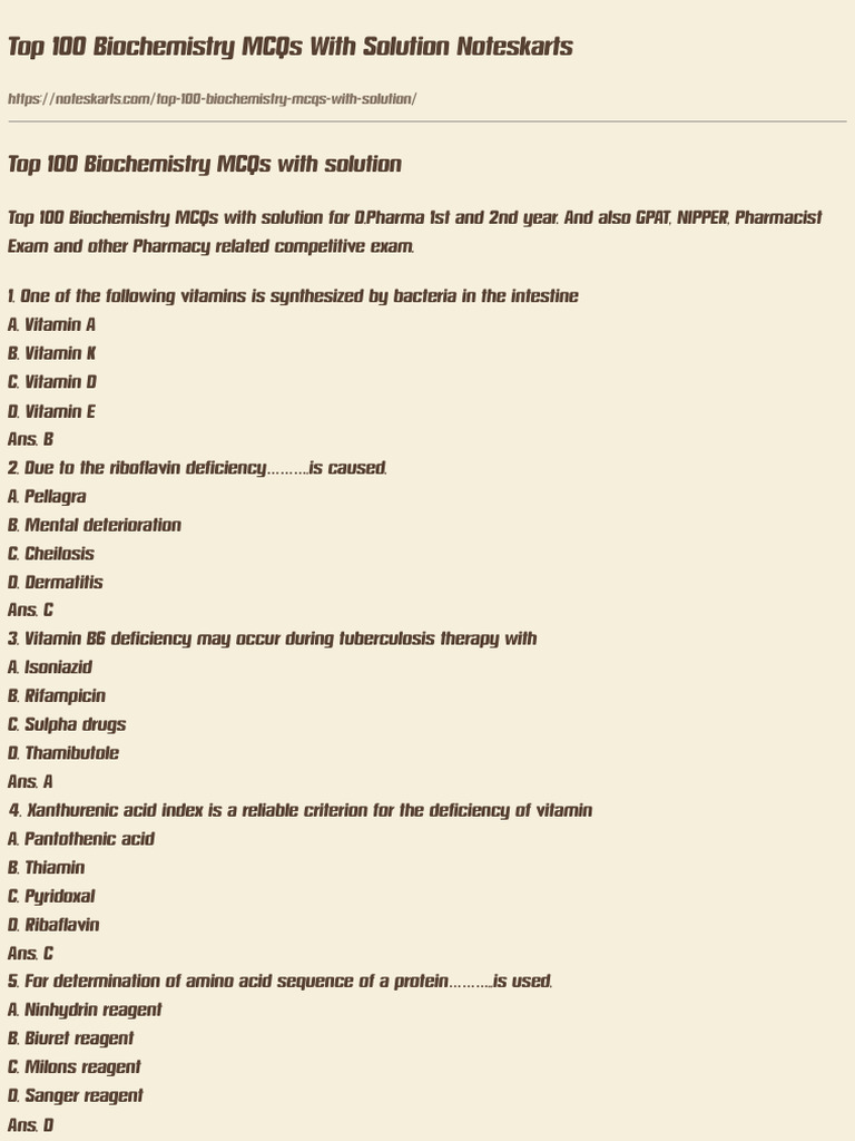 Top 100 Biochemistry MCQs With Solution Noteskarts | PDF | Citric Acid ...