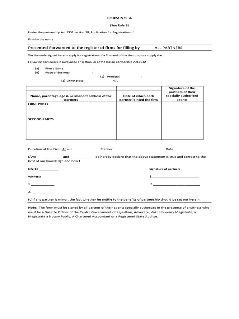 Partnership Firm Registration Form A | PDF