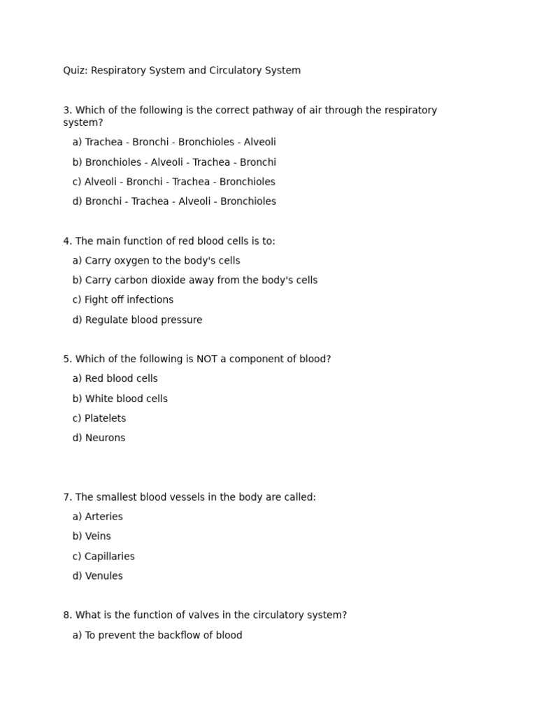 Quiz Respiratory and Circulatory System Multiple Choice | PDF ...