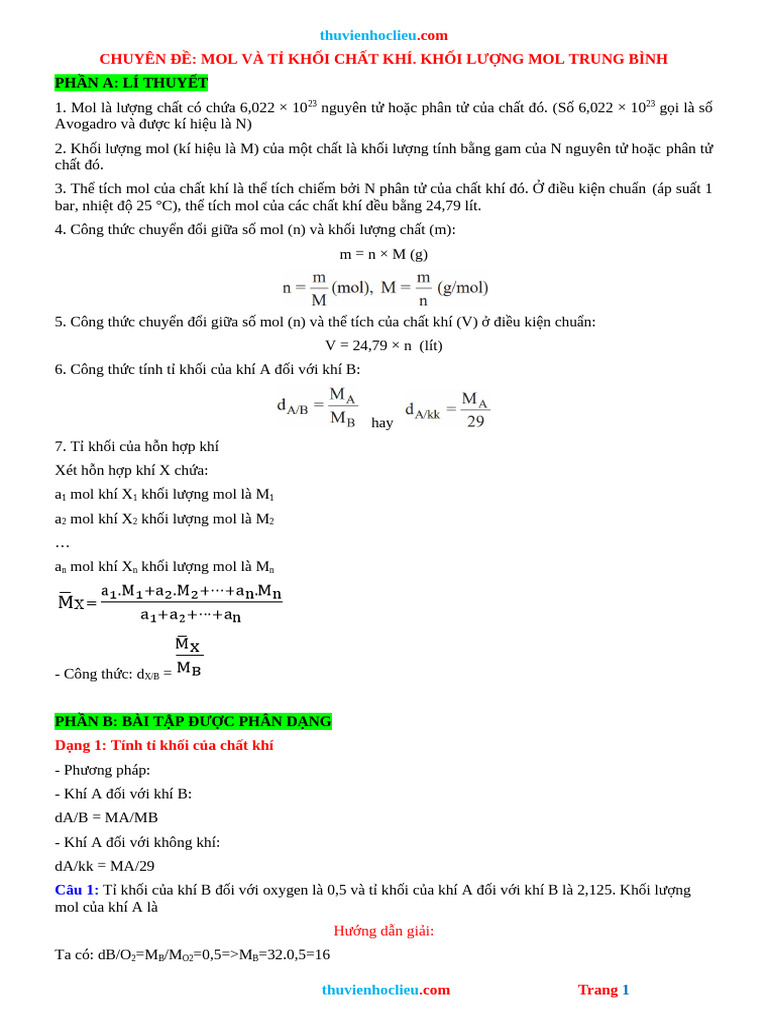 Chuyen de 4 Mol Va Ti Khoi Chat Khi. Khoi Luong Mol Trung Binh | PDF