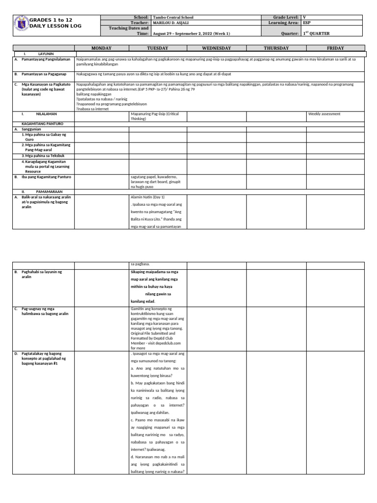 DLL - Esp 5 - Q1 - W1 | PDF