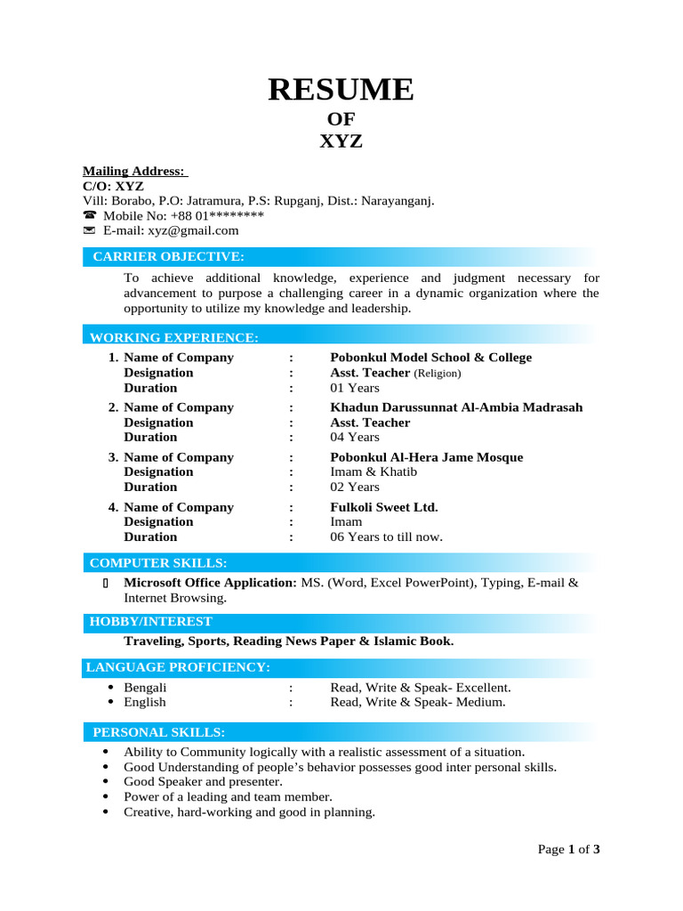 Experienced Teacher and Imam Resume | PDF