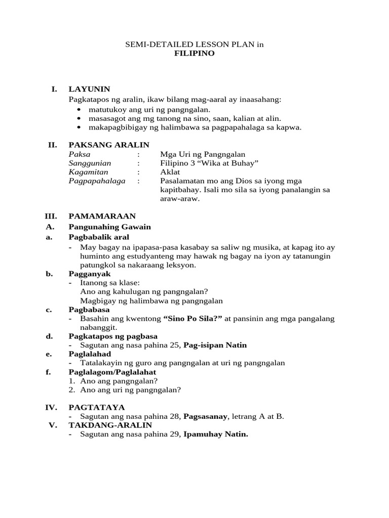 Semi Detailed Lesson Plan For Filipino | PDF