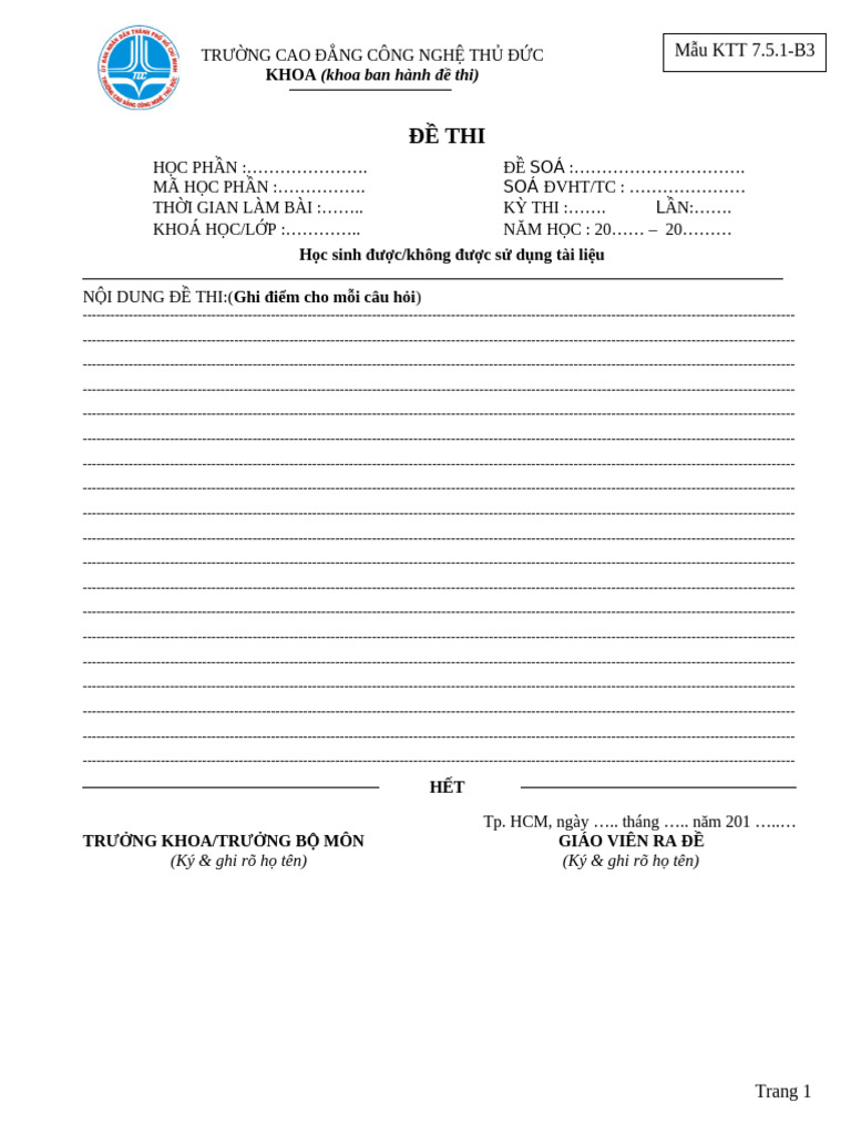 01. Mau đe thi + dap an ly thuyet (mẫu KTT 7.5.1-B3 theo qui trình làm đề thi - đáp án) | PDF