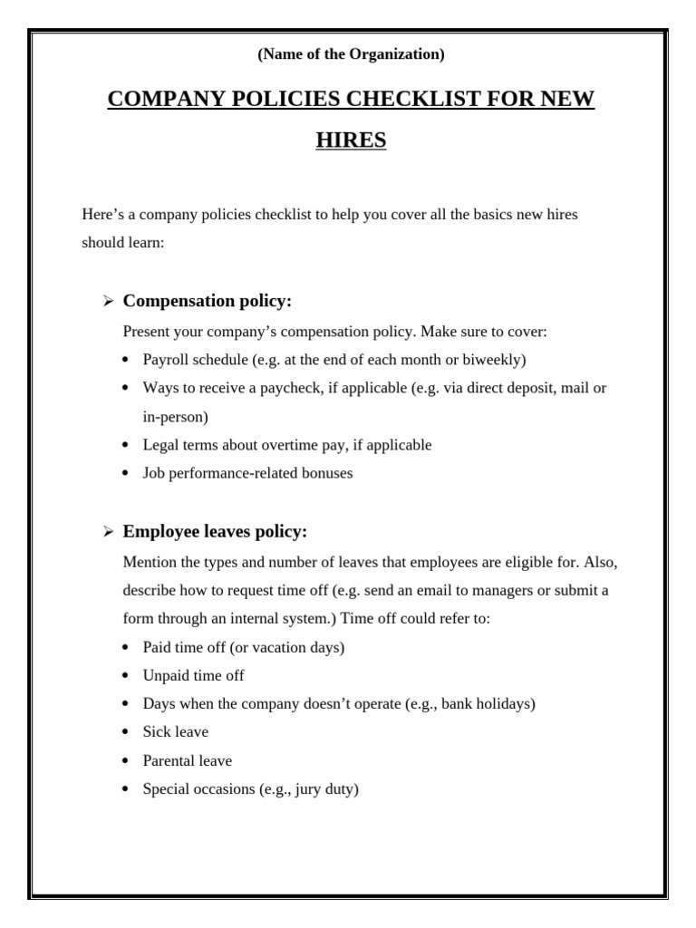 Company policies checklist for new hires | PDF | Employment | Labor