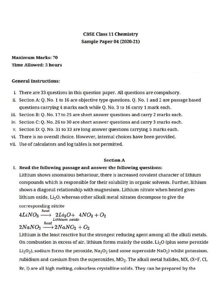 Chemistry Sample Paper Set 4 | PDF
