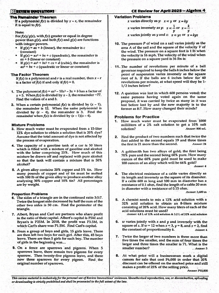 Handout 6 Algebra 4 | PDF