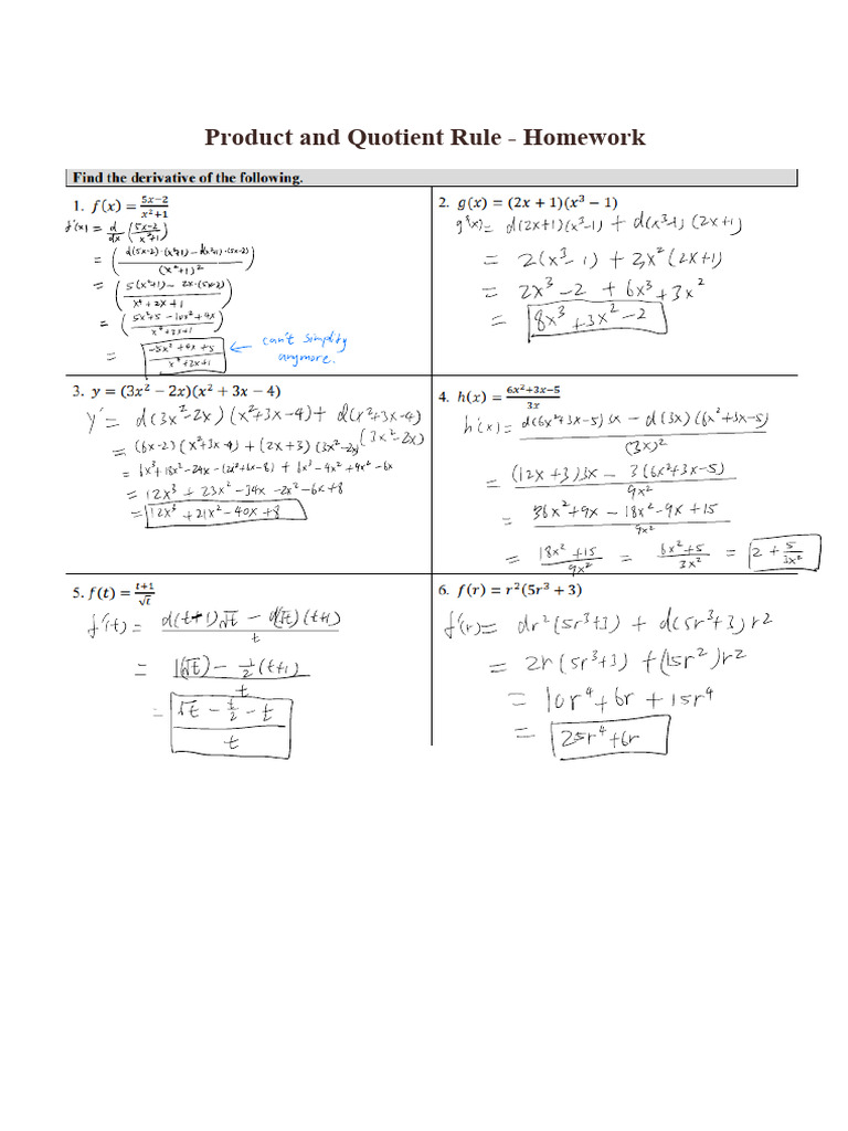 Product and Quotient Rules - Homework Assignment | PDF