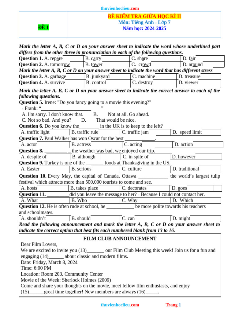 Tiếng Anh Lớp 7: Đề Kiểm Tra Giữa Kỳ II | PDF | Dr. Watson | Carnival
