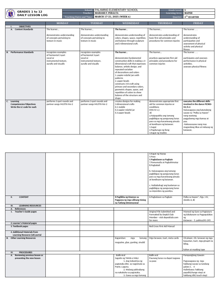 DLL - Mapeh 5 - Q4 - W6 | PDF