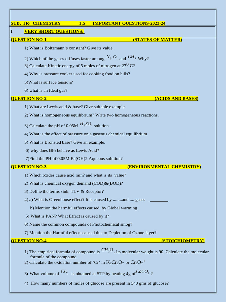 Important Chemistry Questions 2023-24 | PDF | Molecules | Chemical ...