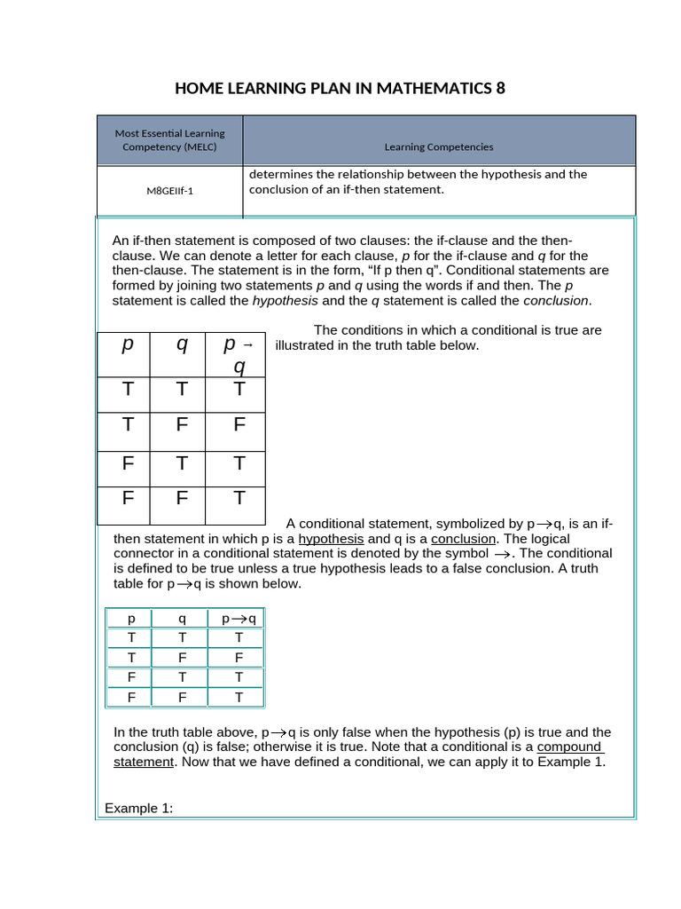 Home Learning Plan in Mathematics 8 | PDF | Logical Consequence | Truth