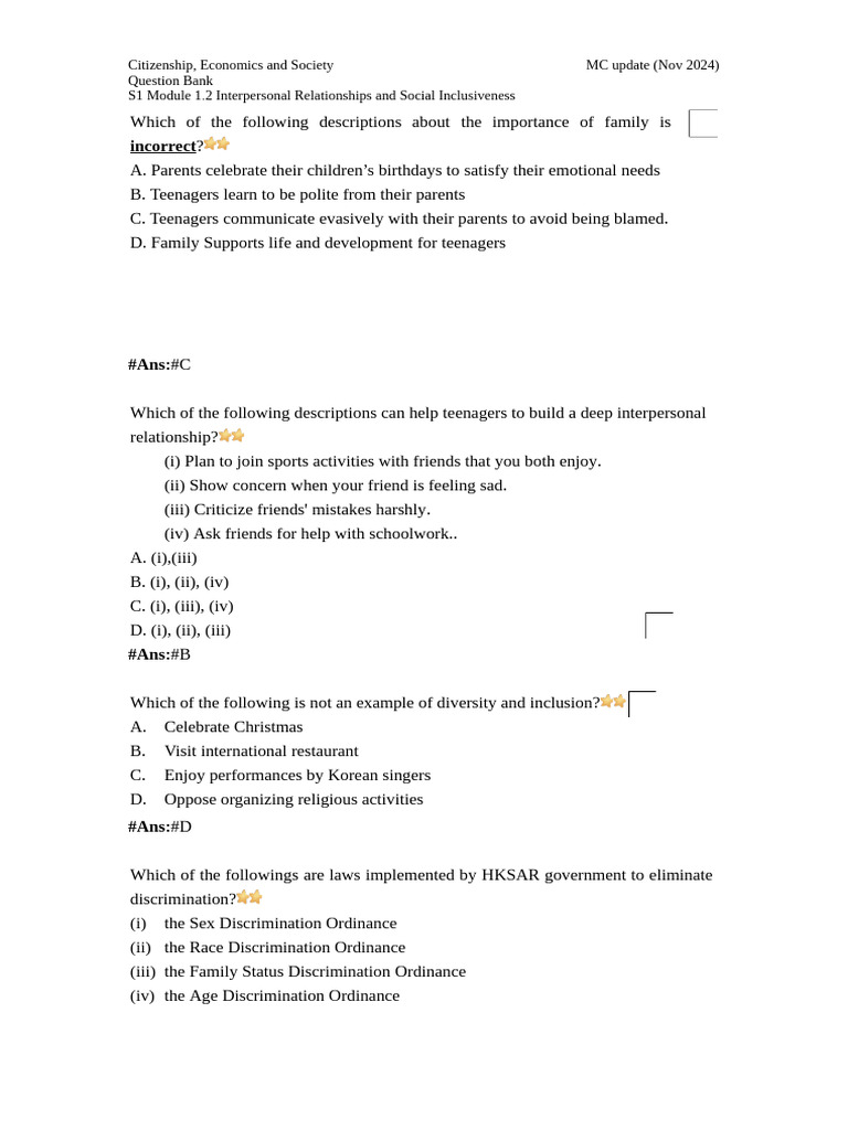 Interpersonal Relationships & Inclusiveness Quiz | PDF