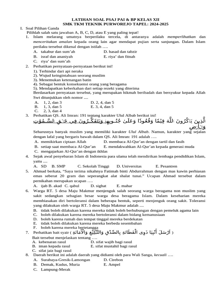Latihan Soal PSAJ PAI XII TA. 25-26 | PDF