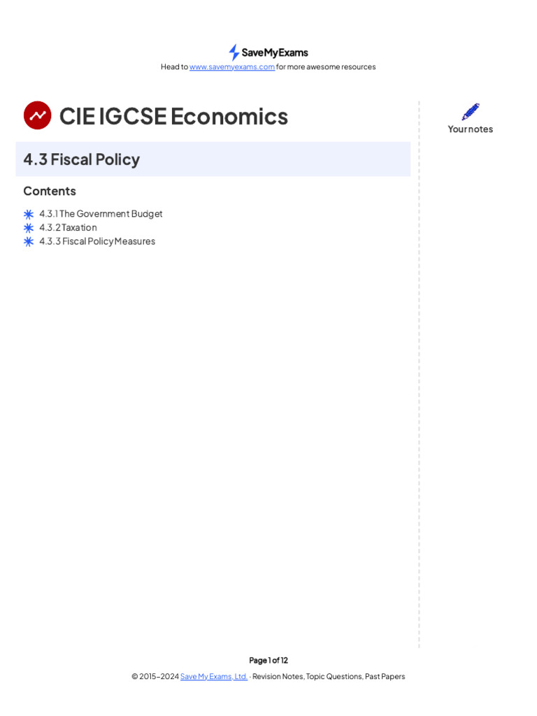 Fiscal Policy Overview for IGCSE Students | PDF | Taxes | Fiscal Policy