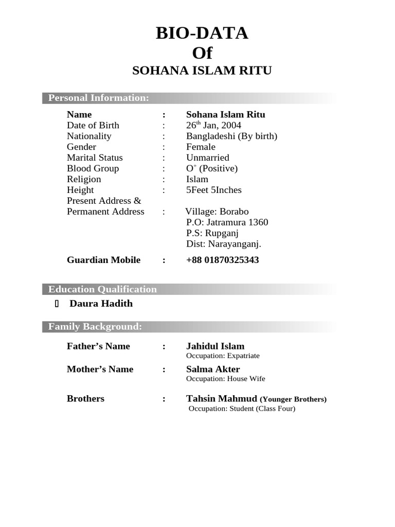 Sohana Islam Ritu's Bio-Data Summary | PDF