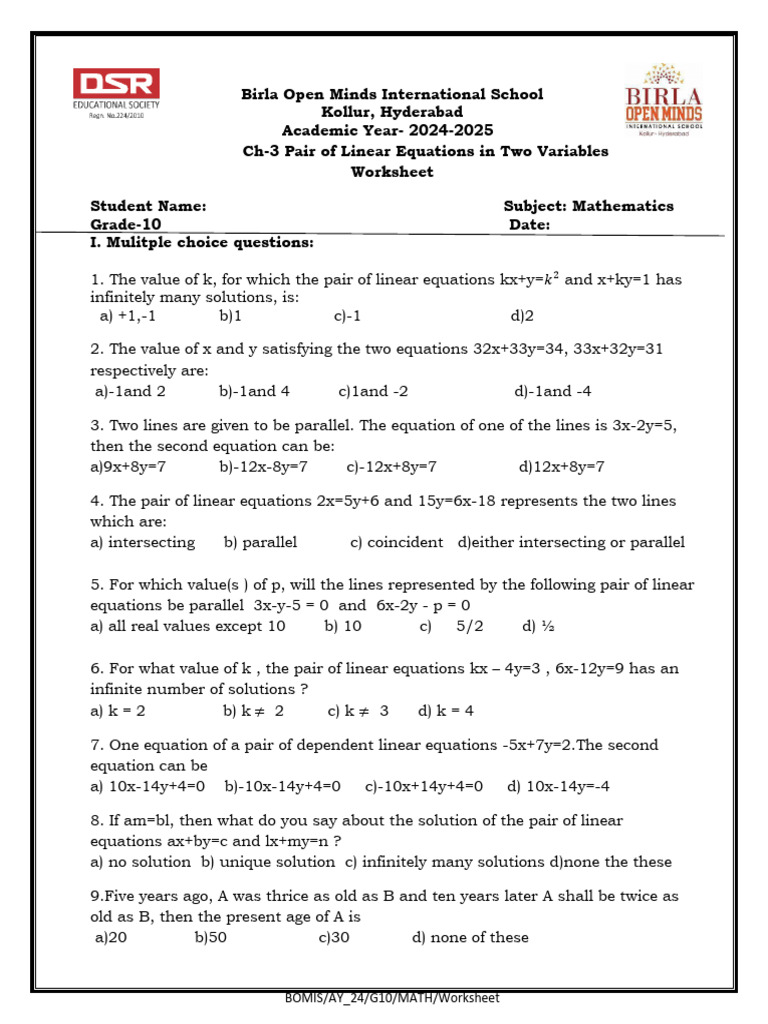 Grade-10 Ch-3 Linear Equations(1) | PDF | Equations | System Of Linear Equations