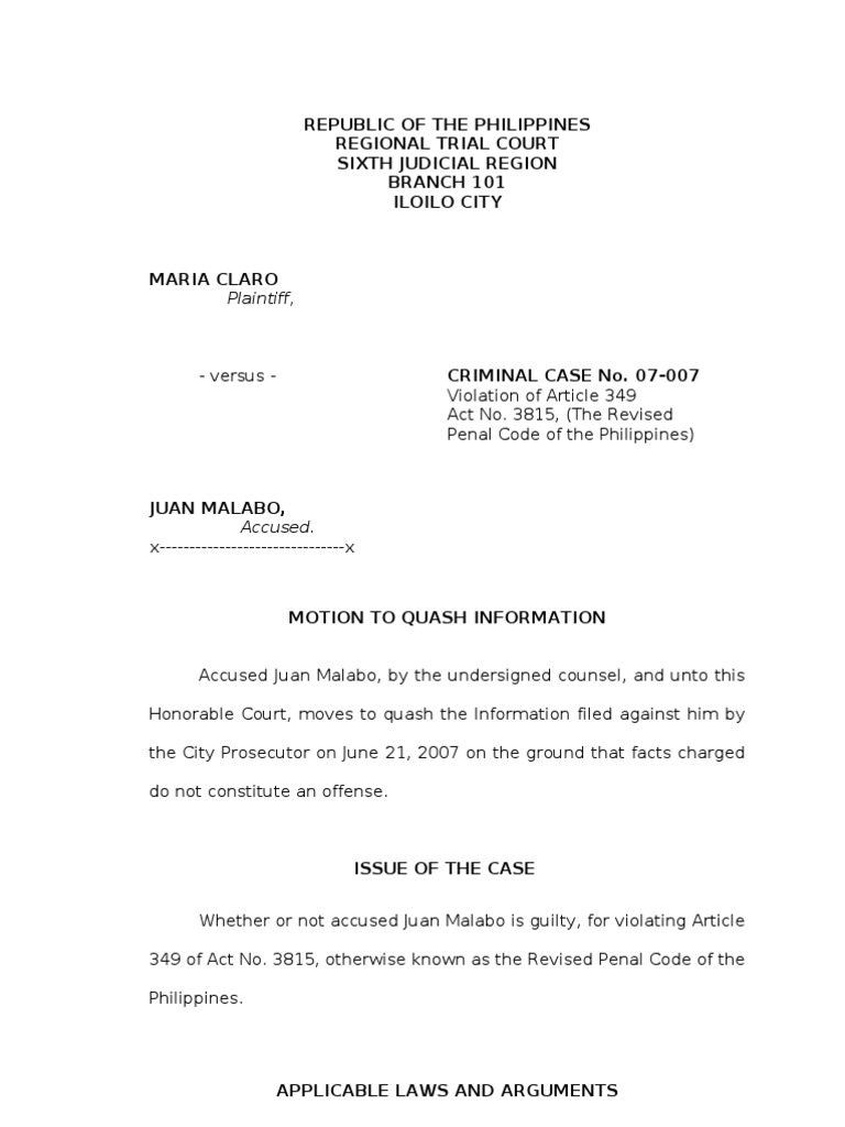 Final Motion To Quash-Meds and Nins | PDF | Crime & Violence | Crime ...