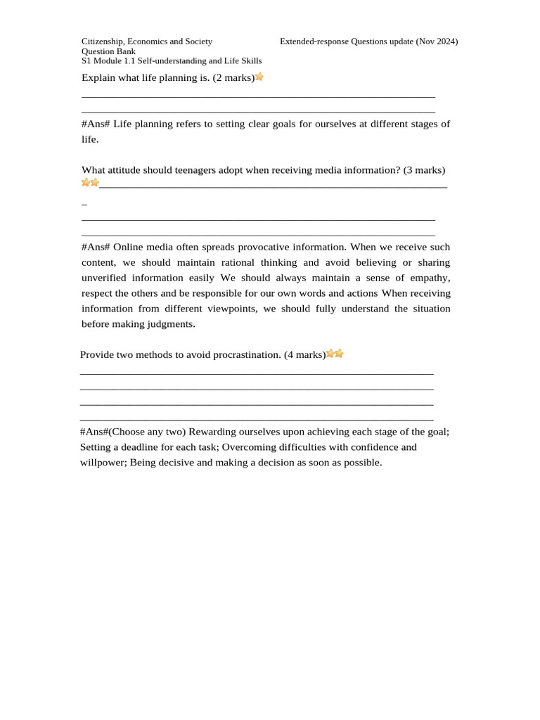 Citizenship and Life Skills Question Bank | PDF