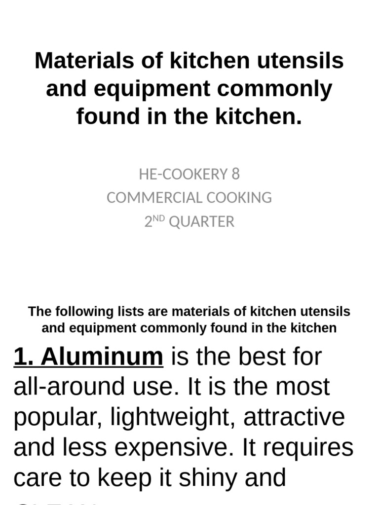 Materials of Kitchen Utensils and Equipment Commonly Found TLE-8 | PDF ...