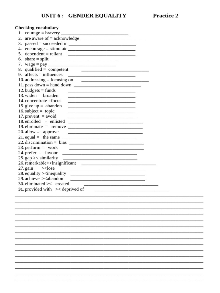 Gender Equality Vocabulary and Exercises | PDF | Gender Studies ...