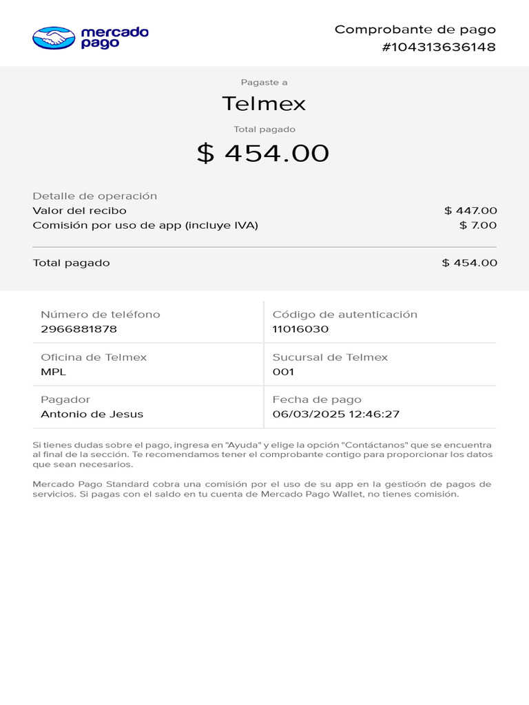 Comprobante de Pago Telmex $454.00 | PDF