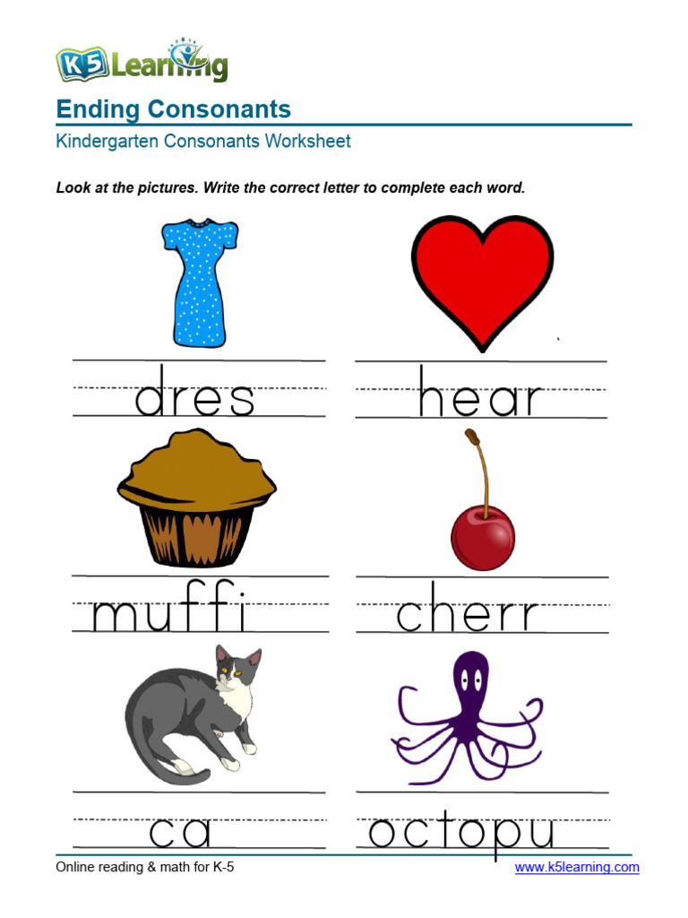 Kindergarten Picture Write Letters Ending Consonants 2 | PDF