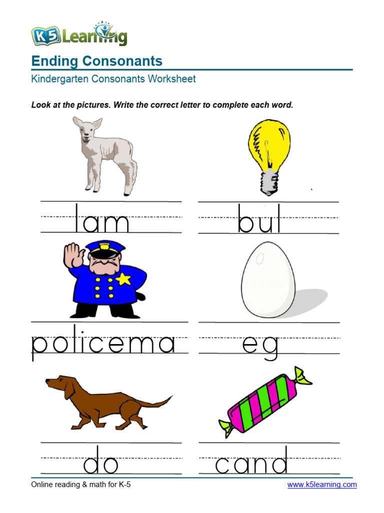 Kindergarten Picture Write Letters Ending Consonants 3 | PDF