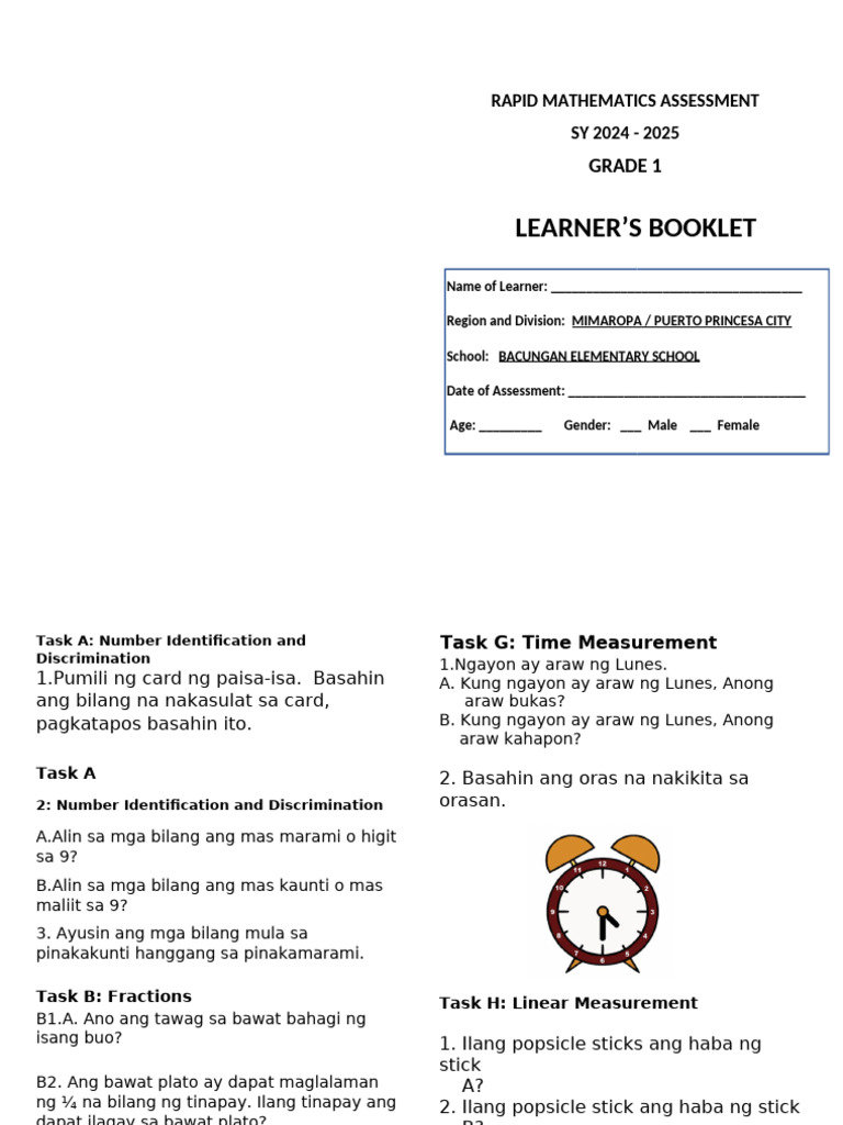 Rapid Mathematics Assessment Grade 1 | PDF