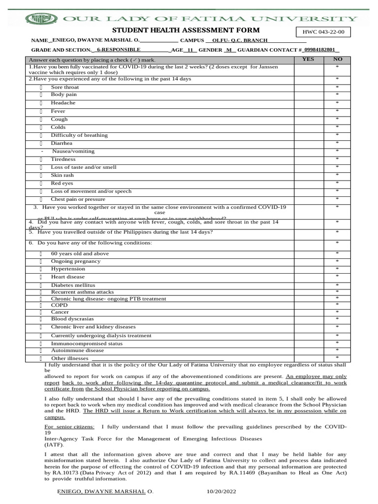 Student-Health Assessment Form 2022 - 1020 | PDF | Common Cold | Health Sciences