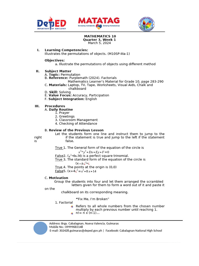Lesson Plan For Permutation | PDF | Permutation | Mathematics