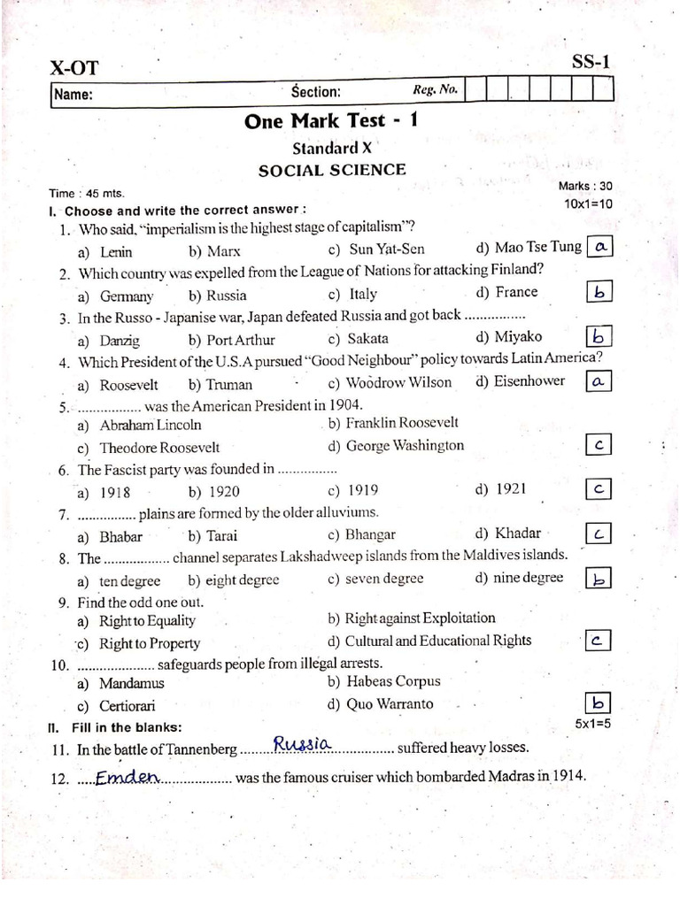 Namma Kalvi 10th Social Science 1 Mark Question Papers With Answers em ...