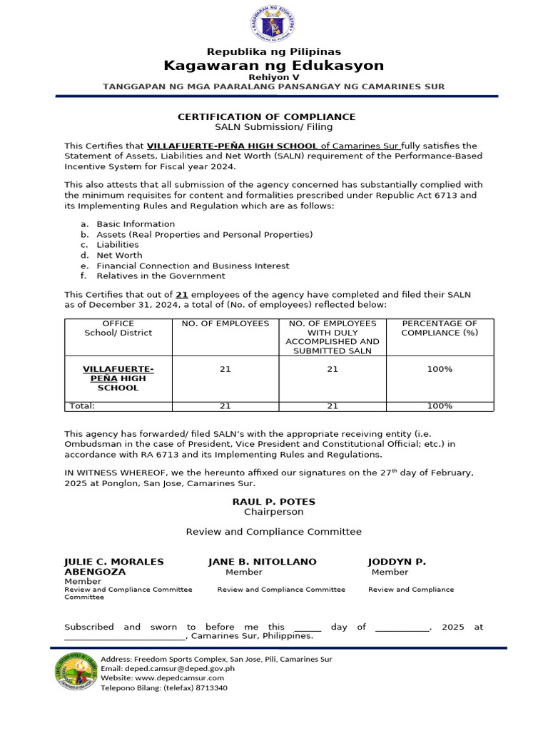 SALN Compliance Certification 2024 | PDF