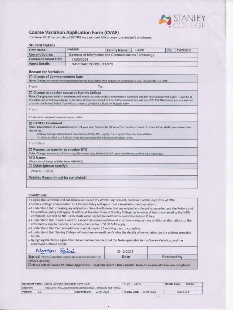 Course Variation App Form (Stanley) | PDF