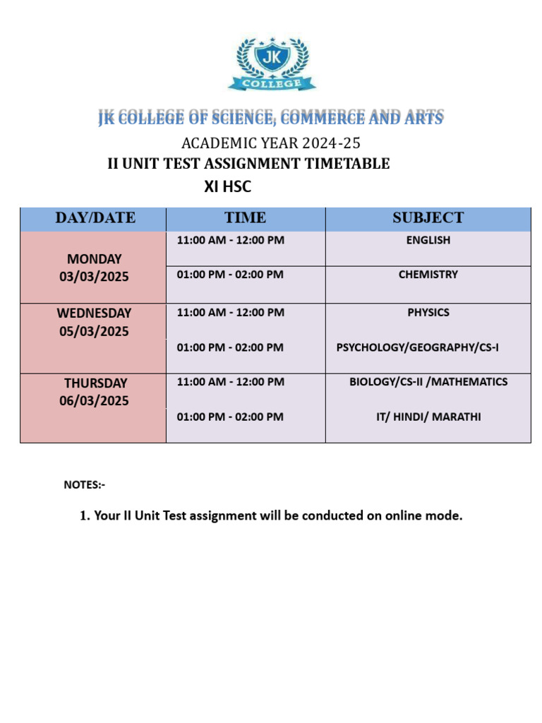 Xi Hsc II Unit Test Timetable | PDF