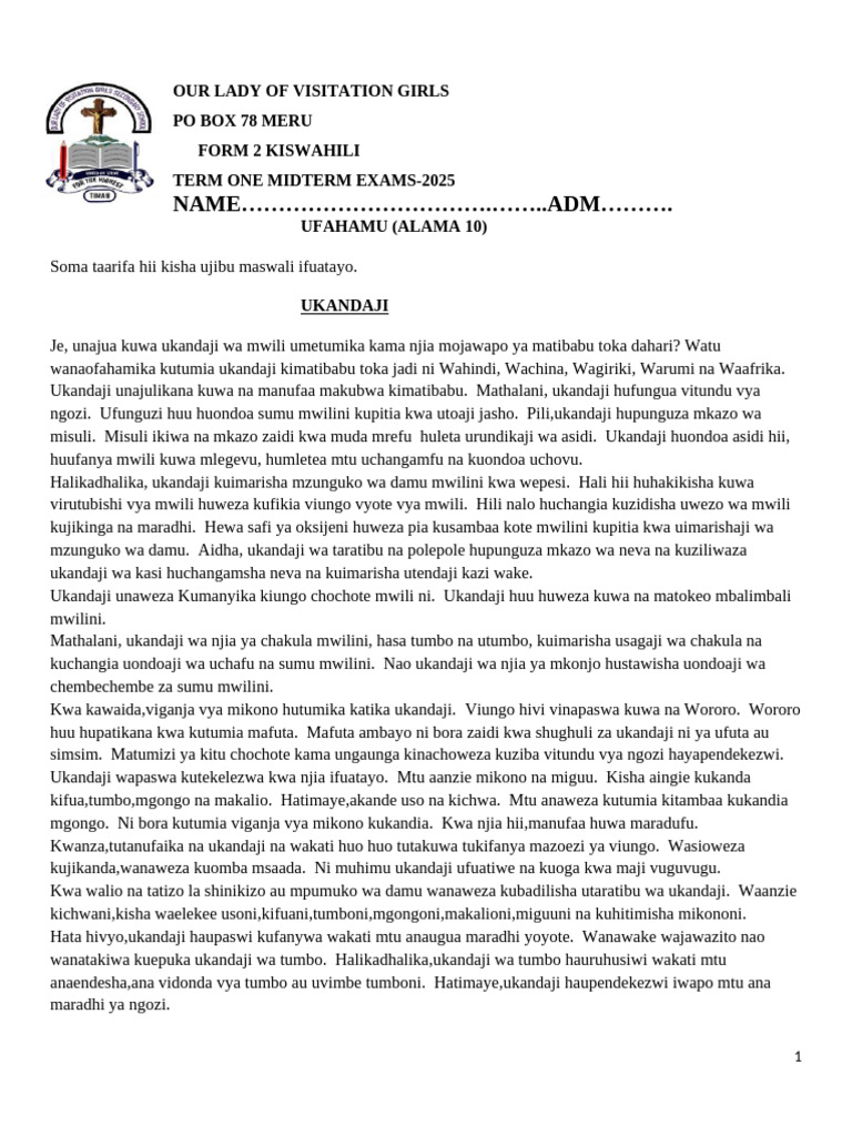 2025 Kiswahili f2 Qs t1 Exam 1 Teacher Co Ke (1) Midterm | PDF