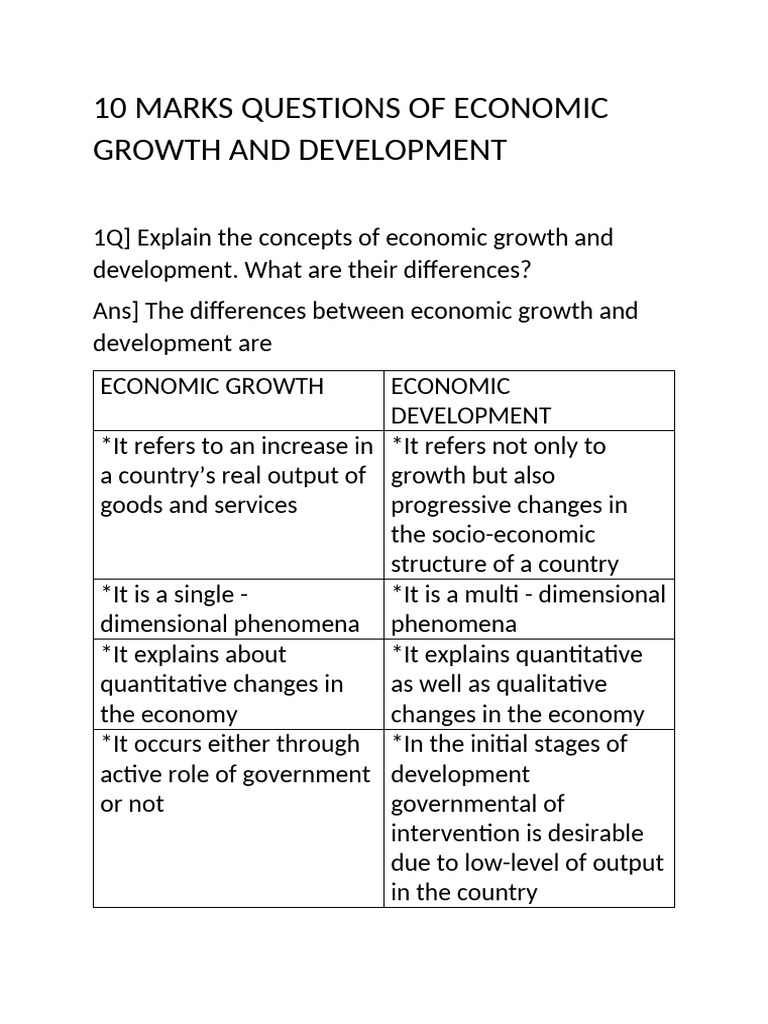 10 Marks Questions of Economic Growth and Development-1 . . | PDF ...