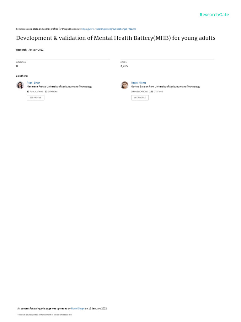 Development & Validation of Mental Health Battery (MHB) For Young Adults | PDF | Mental Disorder ...