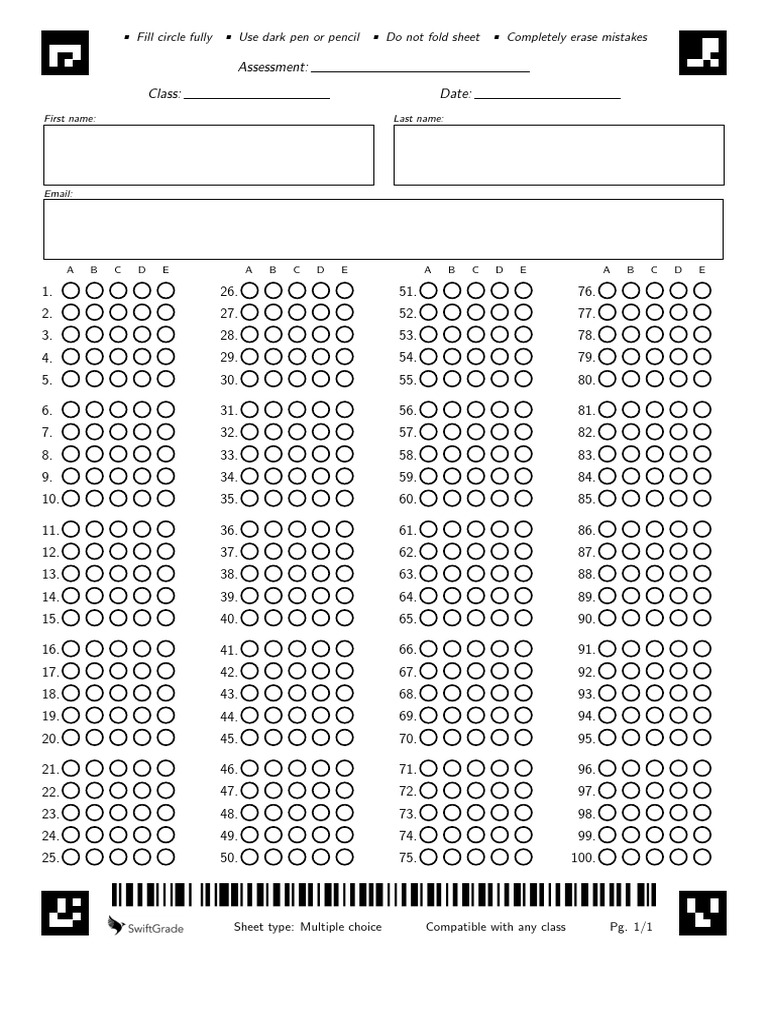 Multiple Choice Answer Sheet Template | PDF | Writing Implements ...