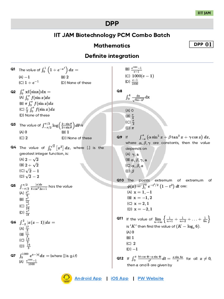 Definite Integrals - DPP 01 - IIT JAM Biotechnology PCM Combo | PDF | Mathematics