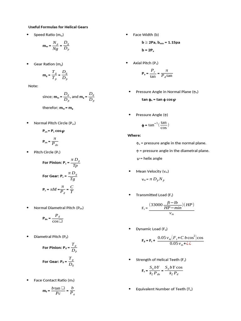 Useful Formulas For Helical Gears | PDF | Gear | Mechanical Engineering