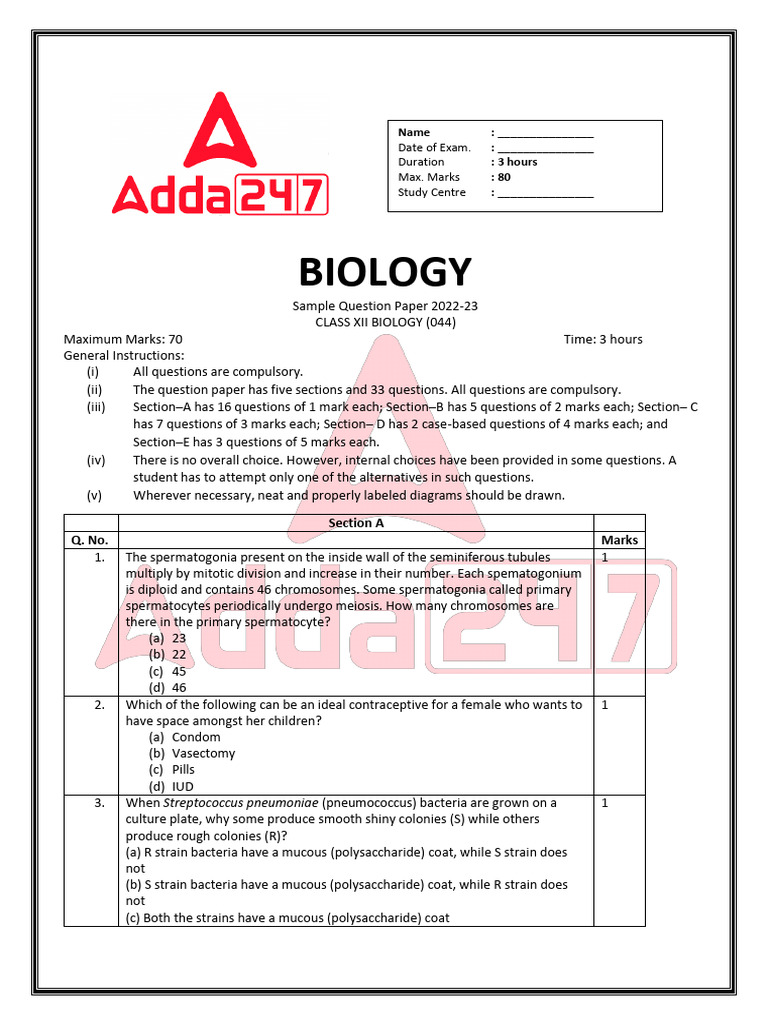 CBSE 12 Biology Sample Papers 1 | PDF | Dna | Fertilisation