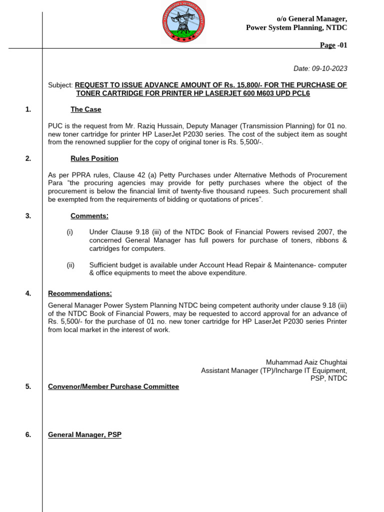 REQUEST TO ISSUE ADVANCE AMOUNT OF Rs. 11,000 - FOR THE PURCHASE OF 02 ...