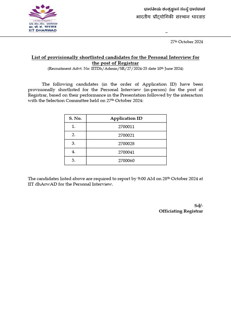 Shortlisted Candidates for Registrar Interview | PDF