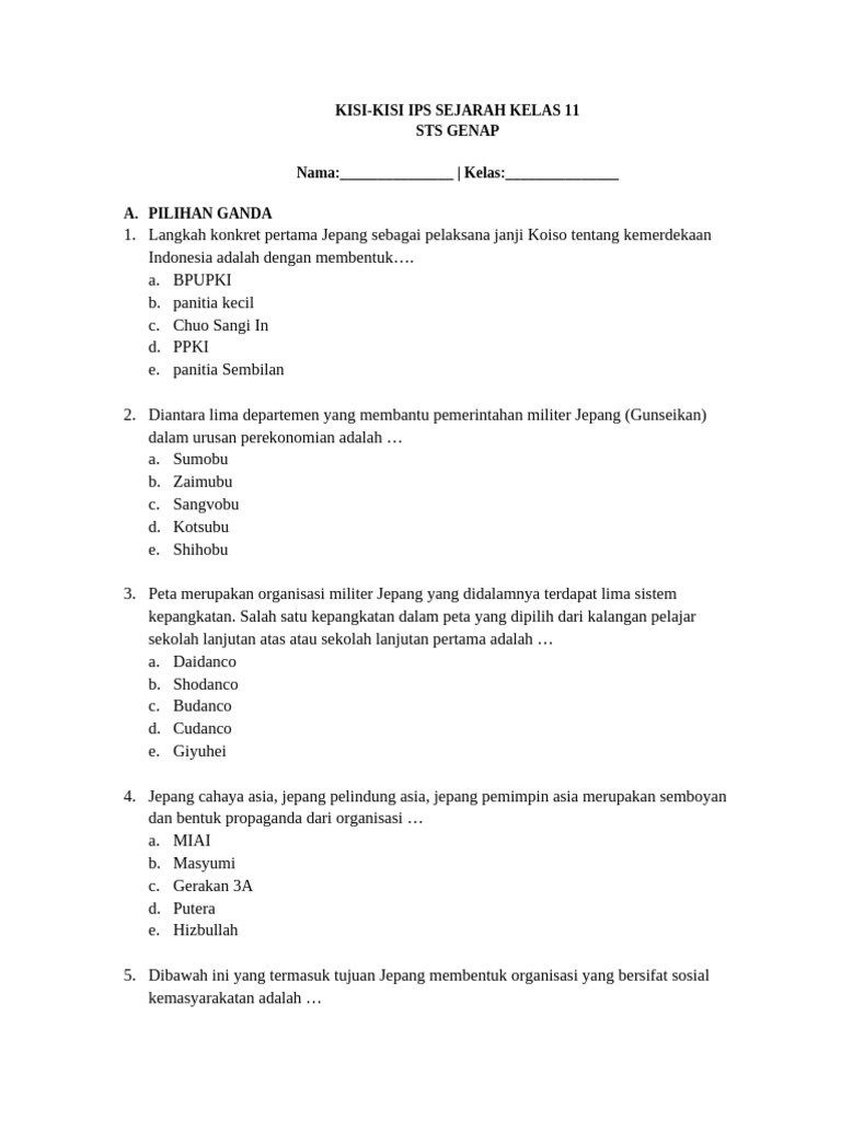 Kisi-kisi STS Genap IPS Sejarah Kelas 11 | PDF