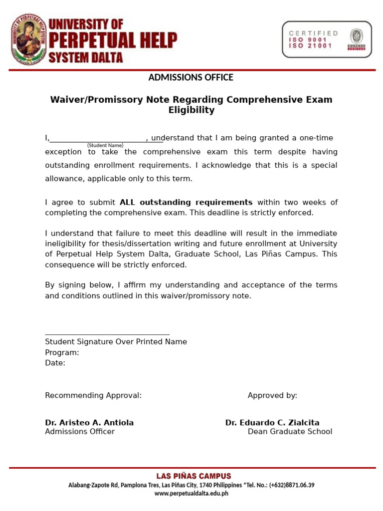 Waiver For Comprehensive Exam Editable File | PDF