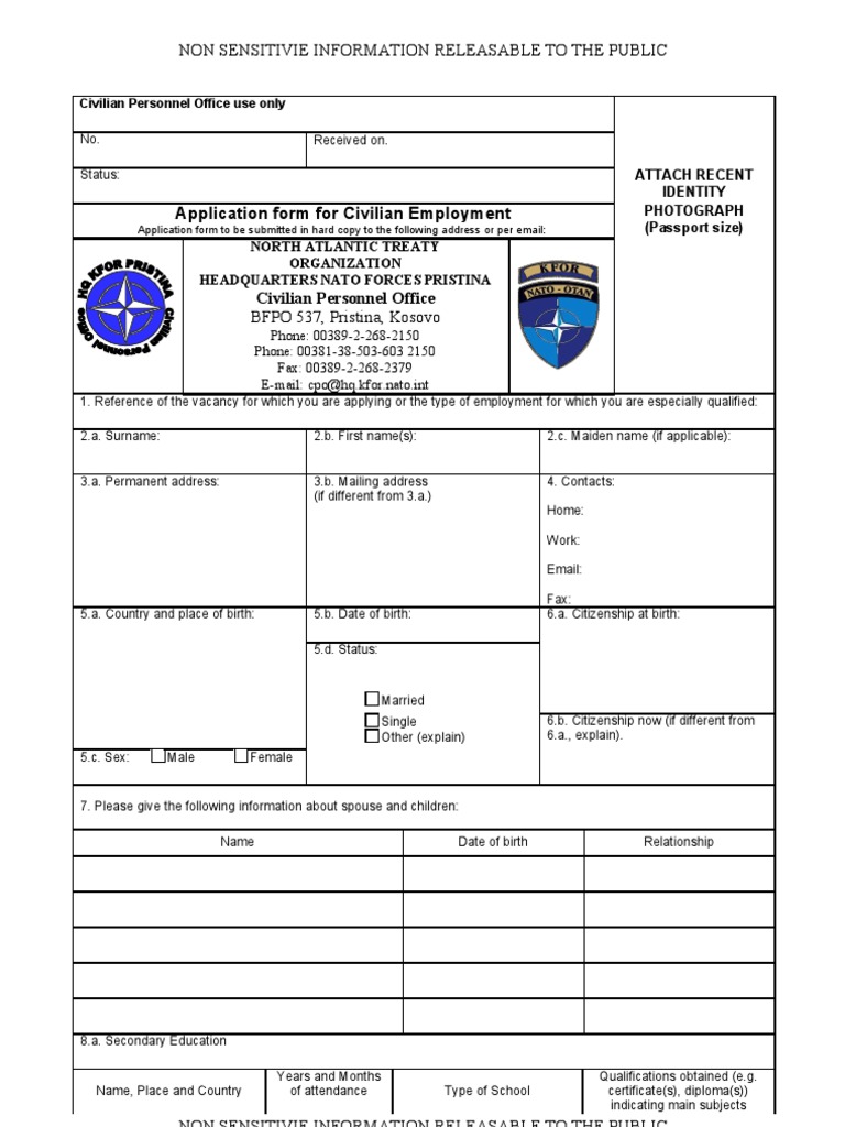 NATO Civilian Employment Application Form | PDF | Information ...