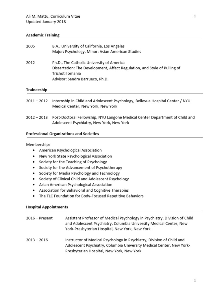 Ali M. Mattu: Academic CV Summary | PDF | Psychology | American ...
