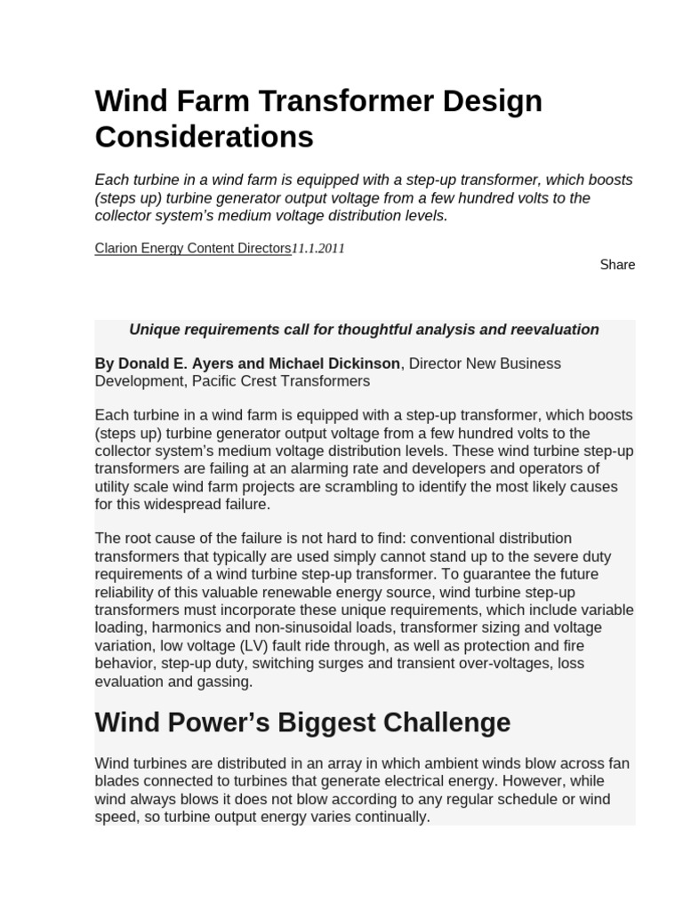 Wind Farm Transformer Design Considerations | PDF | Transformer | Wind ...
